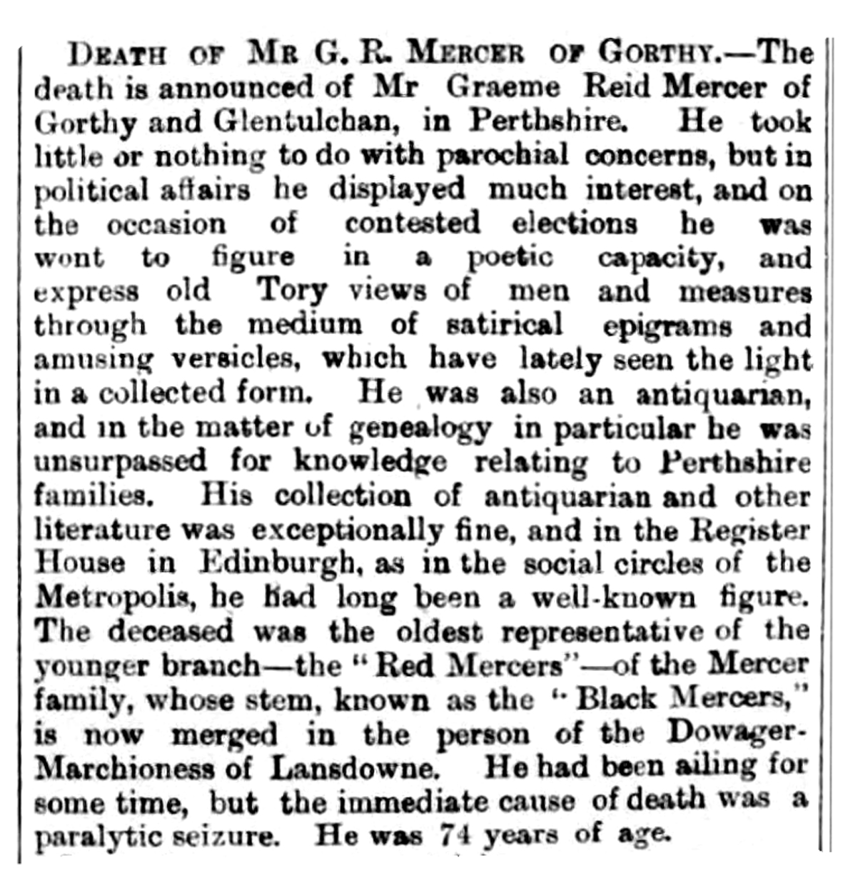 27 Oct 1886 Death of Graeme Reid Mercer of Glentulchan – Hole Ousia