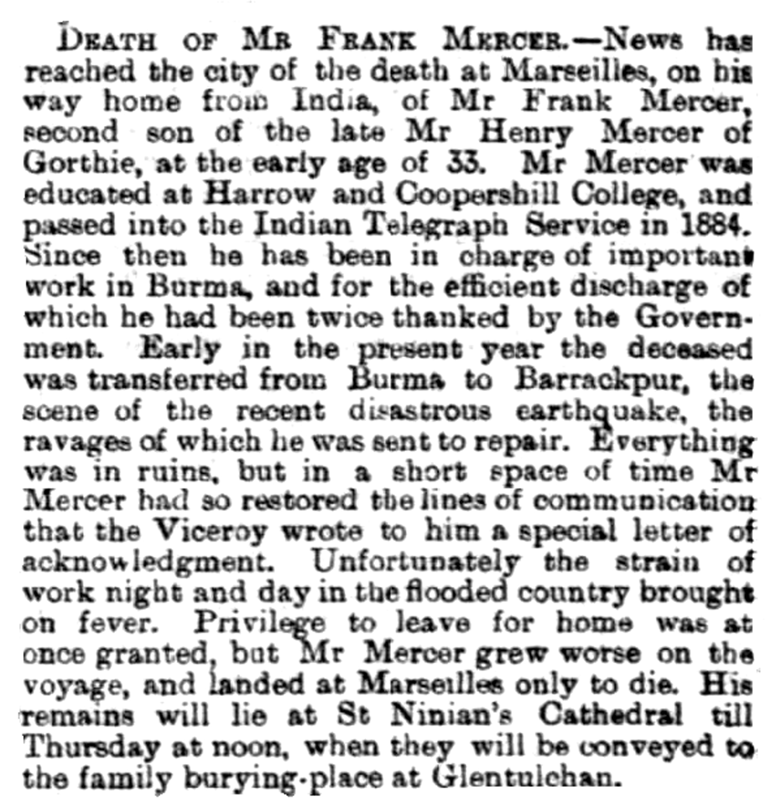 Nov 1897 death of Frank Mercer – Hole Ousia