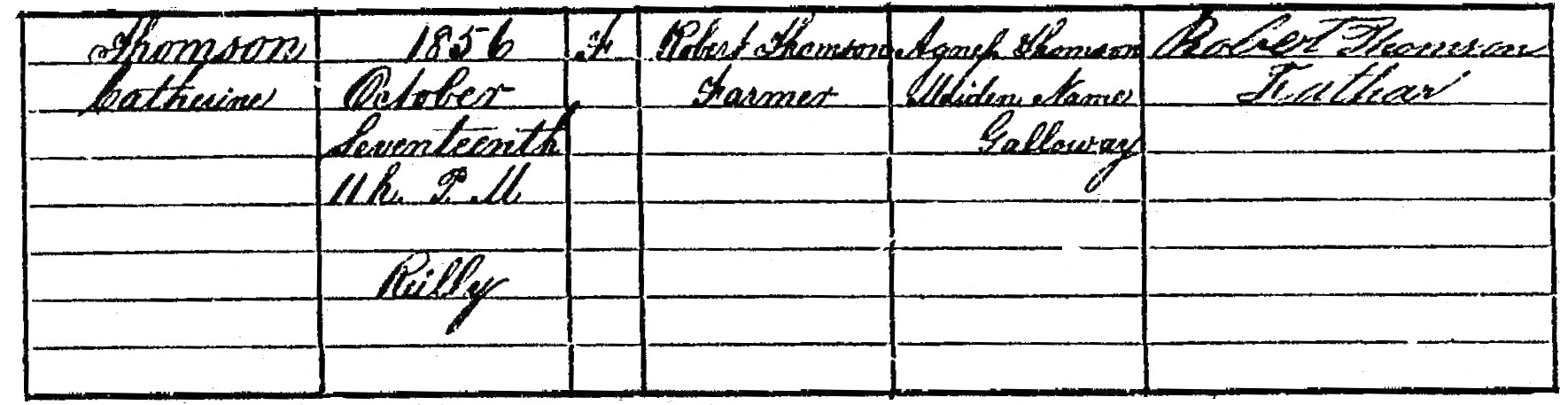 1856 birth of Catherine Thomson at Rullie farm, Dunipace – Hole Ousia