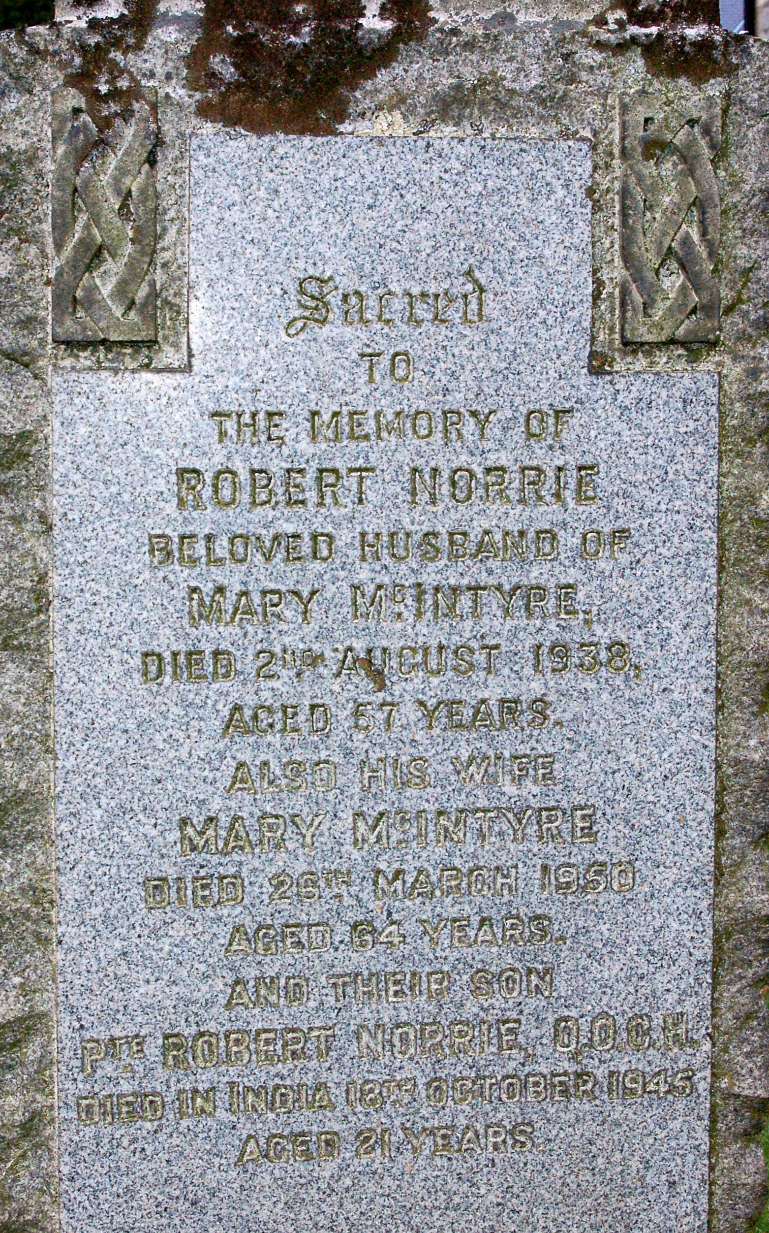 Tombstone to Robert Norrie and family, Fintry Churchyard – Hole Ousia