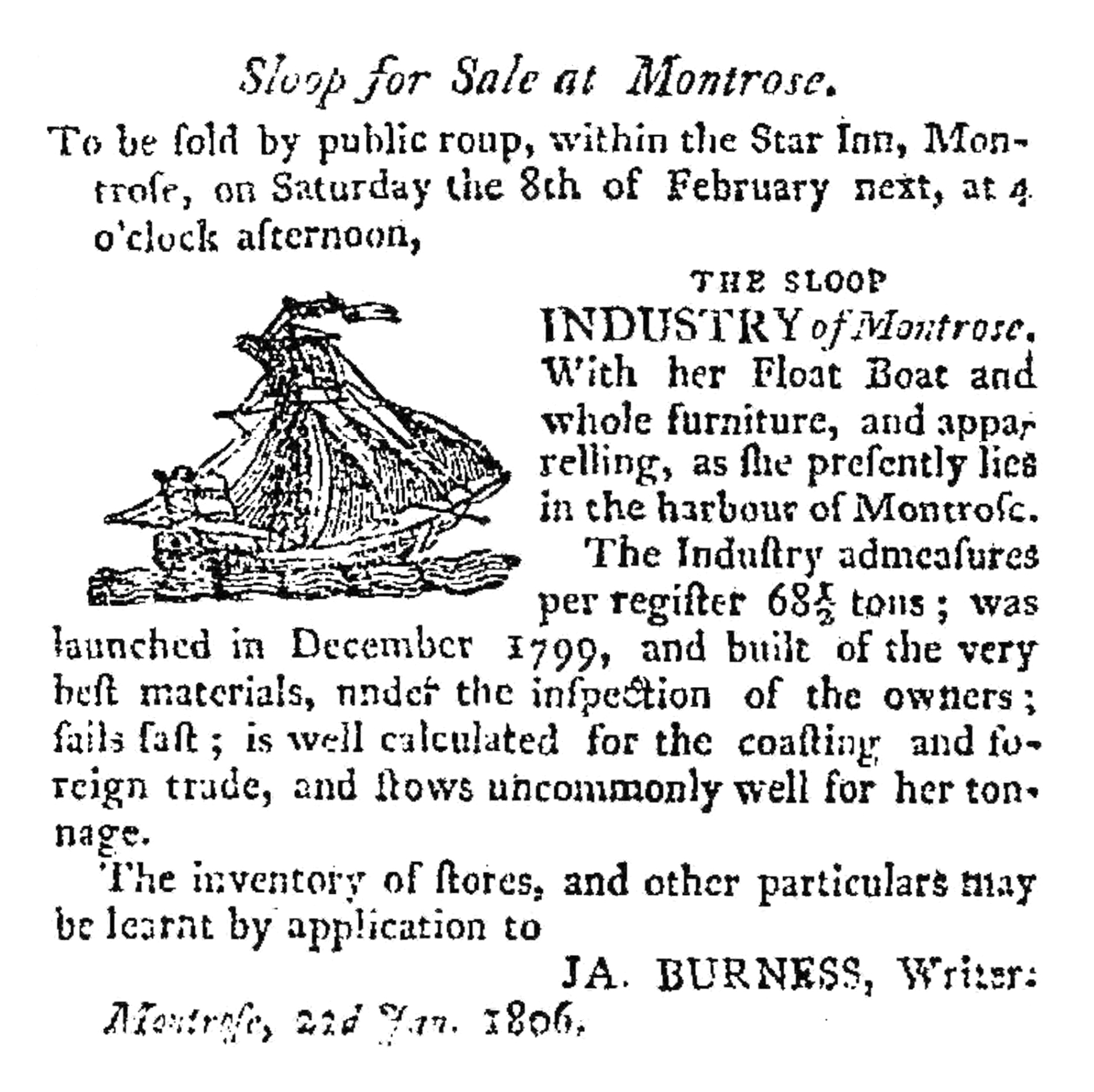 Industry of Montrose, sloop ship, sold at the Star Inn, Montrose ...