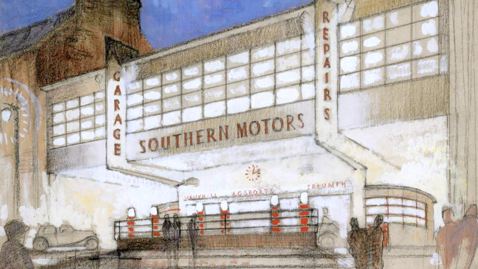 Basil Spence, 1933, Southern Motors, Causeway Side – sketch – Hole Ousia