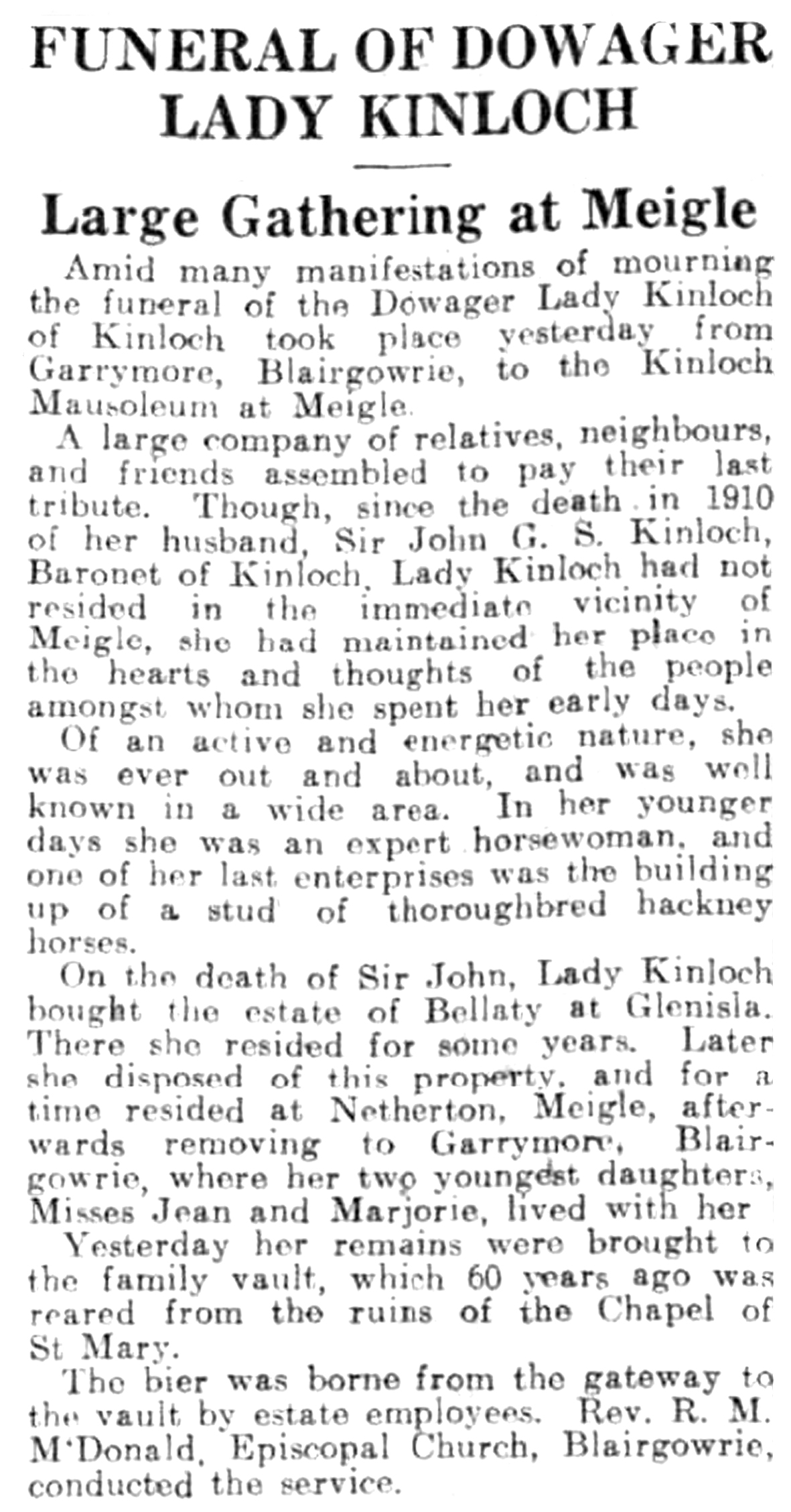Lady Kinloch, Dundee Courier – 11 December 1929 – Hole Ousia